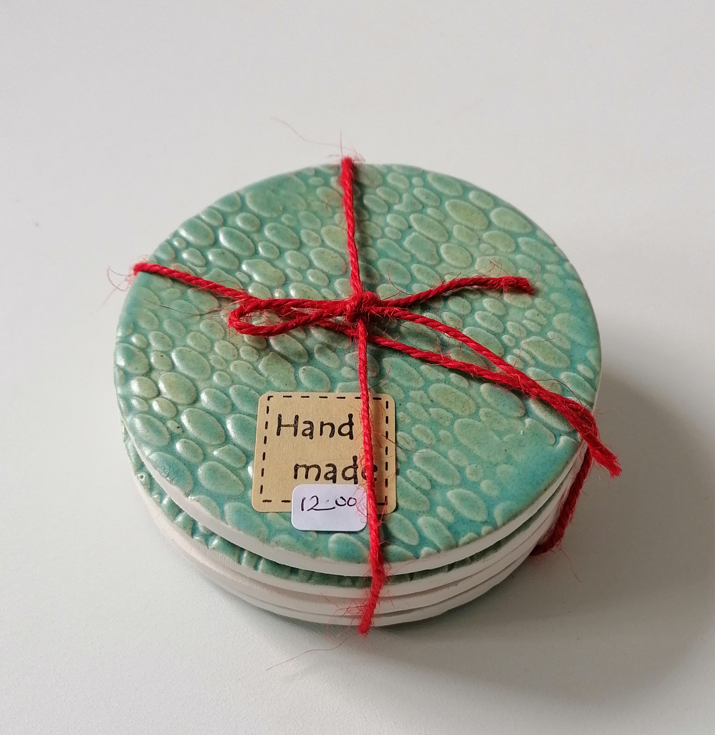 Handmade Pottery - Coasters (Set of 4 Turquoise Scaly Design) - Artigo